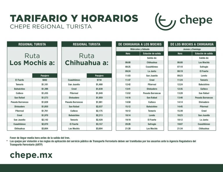 Horarios y Tarifas Chepe Regional - Chepe Express - Sitio Web Oficial